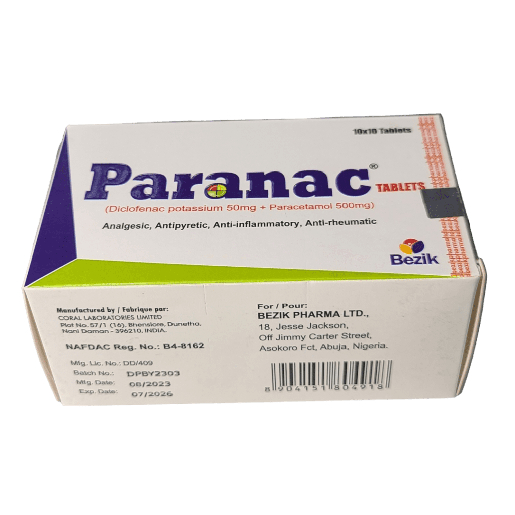 PARANAC (Diclofenac potassium 50mg + Paracetamol 500mg) 10 × 10 TABLETS ...