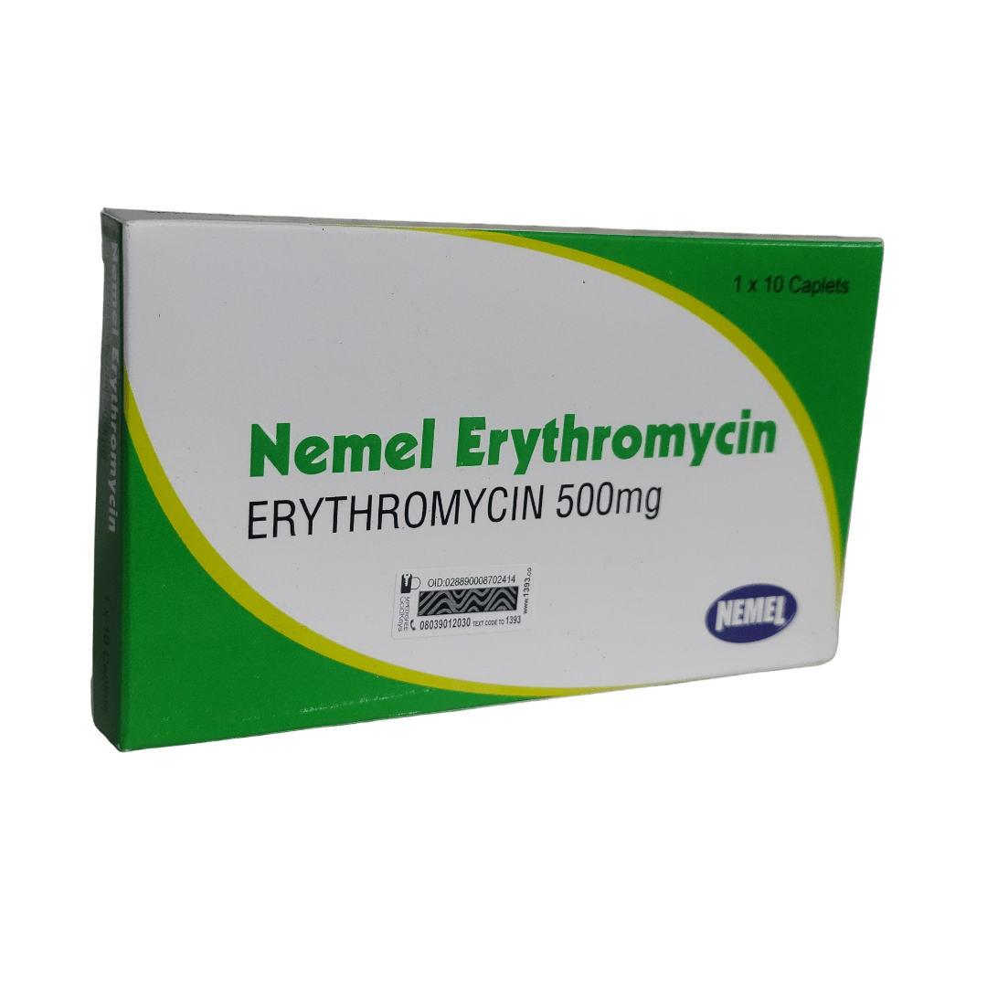 NEMEL ERYTHROMYCIN (Erythromycin 500mg) - 1×10 CAPLETS. - Vastovers ...